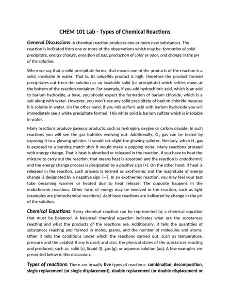 Chem 101 Lab 6 Chemical Reactions Pdf