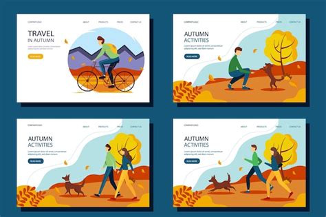 가을 활동 웹 배너 세트 자연 벡터 일러스트 레이 션에서 휴식하는 사람들 프리미엄 벡터
