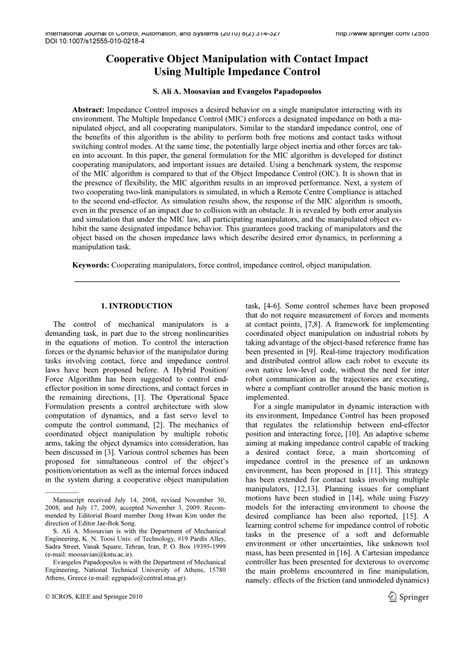 Pdf Cooperative Object Manipulation With Contact Impact Using Multiple Impedance Control