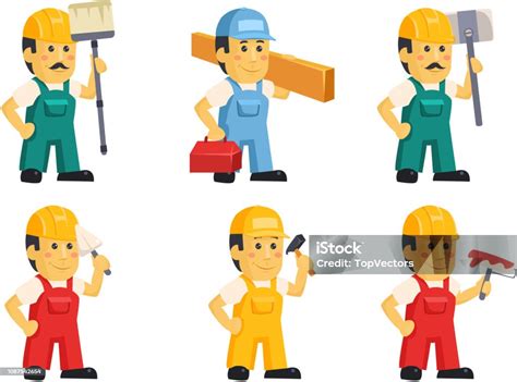 다양 한 건설 도구와 유니폼에 작성기 노동자 허드 렛 일꾼 만화 흰색 배경에 문자 벡터 일러스트 레이 션 건설 산업에 대한 스톡 벡터 아트 및 기타 이미지 Istock