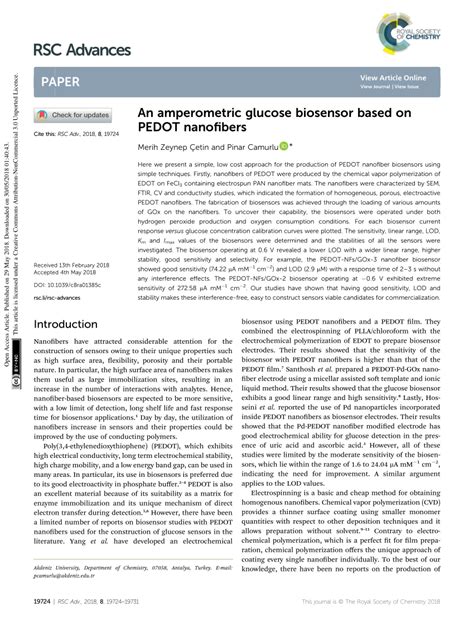 Pdf An Amperometric Glucose Biosensor Based On Pedot Nanofibers