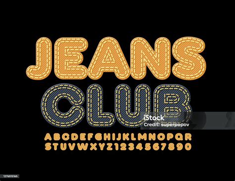 벡터 크리에이티브 배너 청바지 클럽 스티치 데님 알파벳 문자 와 숫자 고객에 대한 스톡 벡터 아트 및 기타 이미지 고객 그래픽 프린트 꿰매기 Istock