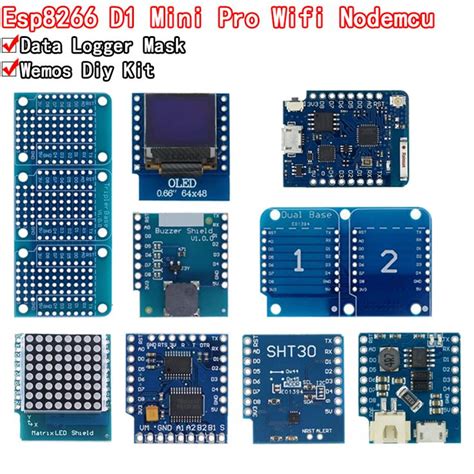 Esp8266 D1 Mini Pro Wifi Nodemcu Data Logger Shield Ds1307 Battery 0 66 Oled Dc Power Buzzer V1
