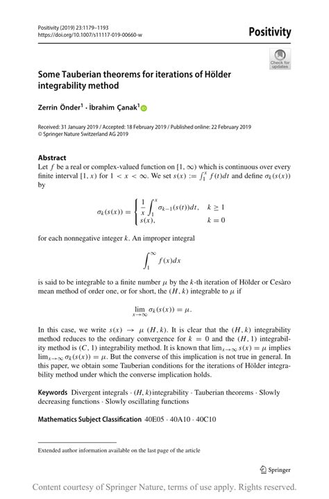 Some Tauberian Theorems For Iterations Of Hölder Integrability Method Request Pdf