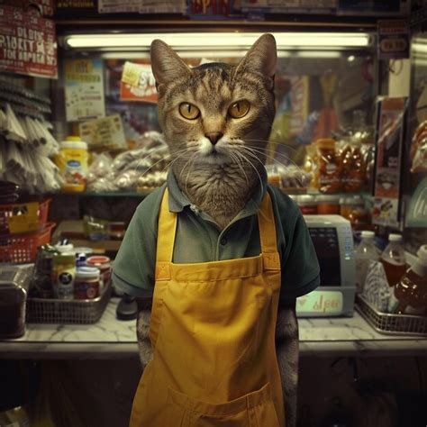 A Cat Dressed As A Convenience Store Assistant Premium Ai Generated Image
