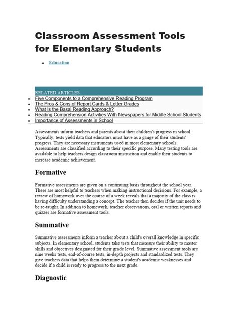 Classroom Assessment Tools For Elementary Students 2 Pdf