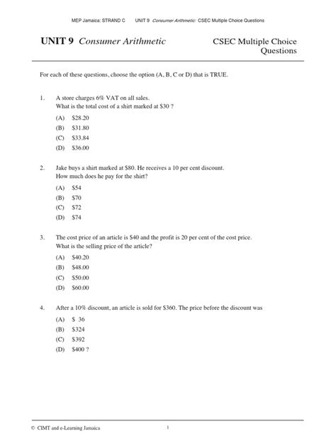 Consumer Arithmetic Multiple Choice Csec Pdf Prices Business