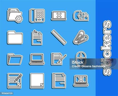 노트북 라인 설정 및 화면의 십자 표시 컴퓨터 마우스 종이 클립 고정 푸시 버튼이 있는 메모 용지 문서 폴더 폴더 설정 기어 및 눈금자 아이콘 벡터 아이콘 세트에 대한 스톡