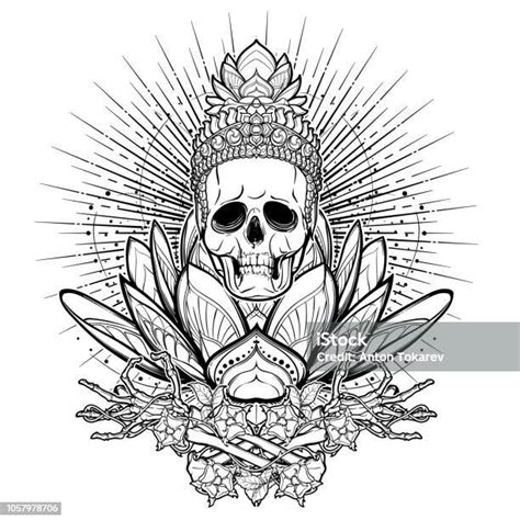 명상 해골입니다 인간 두개골 그리고 신성한 로터스 꽃에 손을 복잡 한 손 도면 흰색 배경에 고립입니다 문신 디자인입니다 두개골에 대한 스톡 벡터 아트 및 기타 이미지