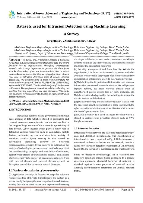 PDF Datasets Used For Intrusion Detection Using Machine Learning A Survey