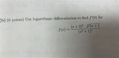 Solved Use logarithmic differentiation to find f'(0) | Chegg.com