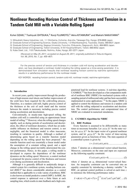 Pdf Nonlinear Receding Horizon Control Of A Tandem Cold Mill In Acceleration And Deceleration