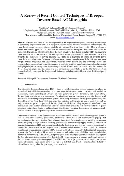 PDF A Review Of Recent Control Techniques Of Drooped Inverter Based AC Microgrids