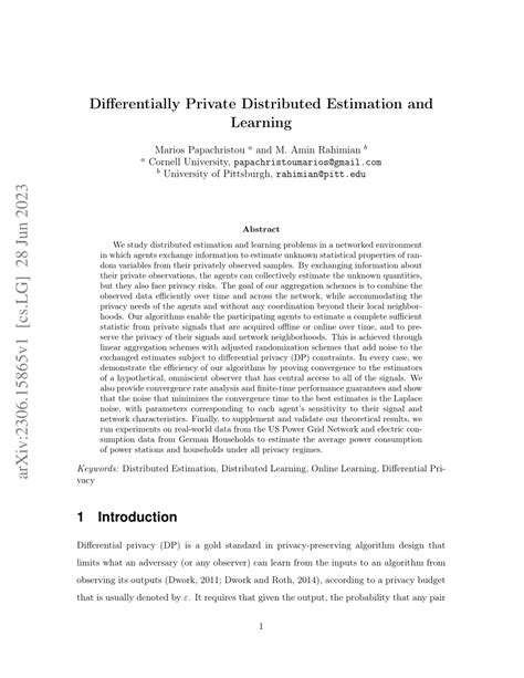 Pdf Differentially Private Distributed Estimation And Learning