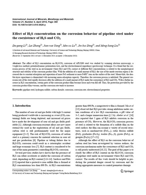Effect Of H2s Concentration On The Corrosion Behavior Of Pipeline Steel