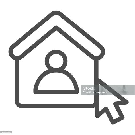 홈 사용자와 마우스 커서 라인 아이콘 원격 작업 개념 벡터 그래픽입니다 흰색 배경에 마우스 포인터 기호가 있는 사용자 집 모바일 또는 웹 디자인을 위한 개요 스타일 아이콘