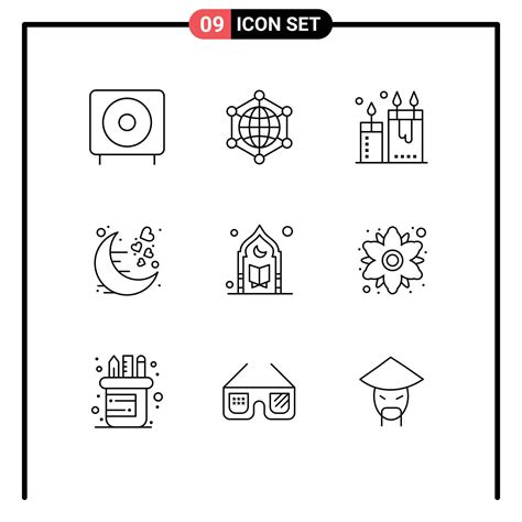 pictogram set of 9 simple outlines of moon date web spa cosmetics