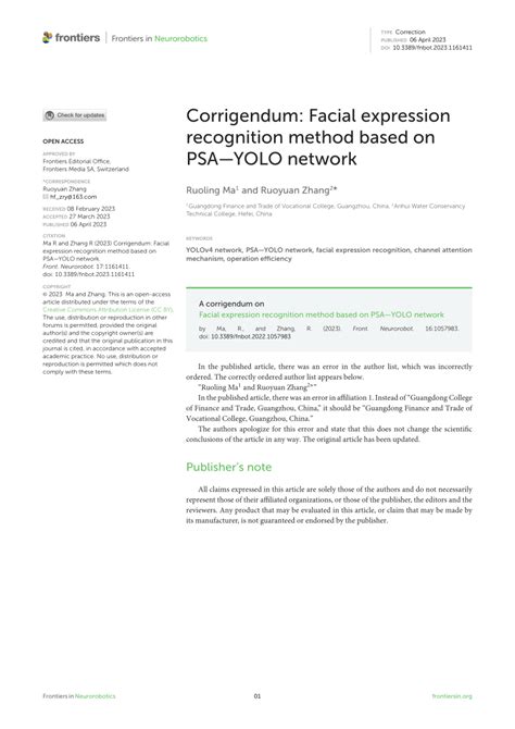 Pdf Corrigendum Facial Expression Recognition Method Based On Psa—yolo Network