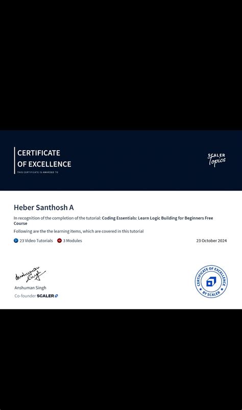 Scaler Logicbuilding Codingjourney Certificateofexcellence Aheber Santhosh