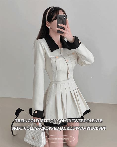 당일배송🚀러블리하객룩 테이아 골드 버튼 배색 트위드 플리츠 스커트 카라 크롭 자켓 투피스 세트 에이블리