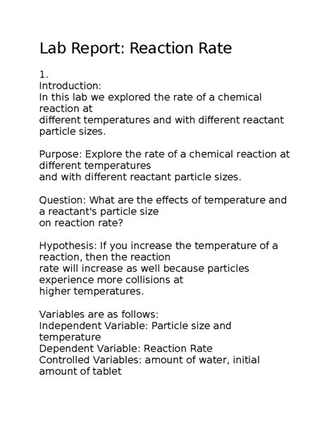 Lab Report Reaction Rate Lab Report Reaction Rate Introduction In This Lab We Explored
