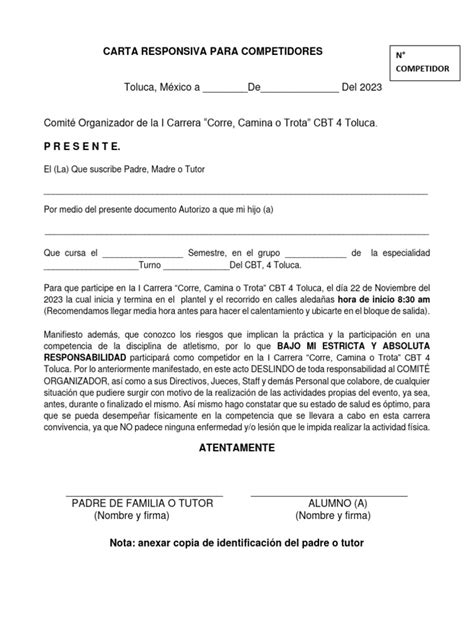 Carta Responsiva Carrera Cbt 4 Toluca Pdf