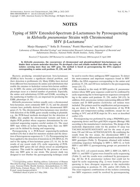Pdf Typing Of Shv Extended Spectrum Lactamases By Pyrosequencing In Klebsiella Pneumoniae
