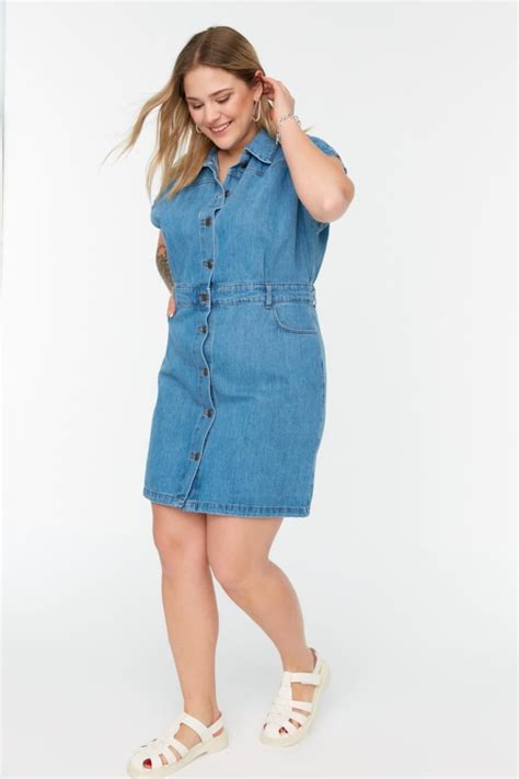 Shop Plus Size Pocket Detail Denim Dress Online In Uae