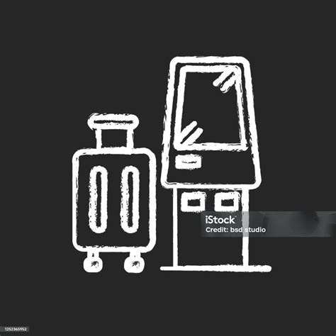 검은 색 배경에 키오스크 분필 흰색 아이콘을 확인하십시오 공항 터미널을 셀프 서비스 기내 수하물 위탁 승객 수하물용 패널 기계