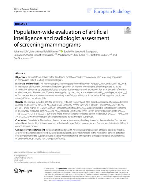 Pdf Population Wide Evaluation Of Artificial Intelligence And Radiologist Assessment Of
