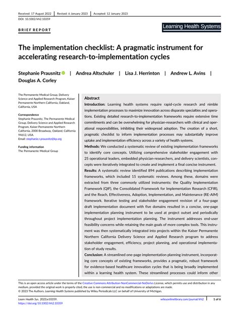 Pdf The Implementation Checklist A Pragmatic Instrument For