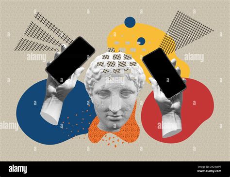 Fashion Design In Magazine And Pop Art Style Statue Holding Modern Blank Frameless Screen