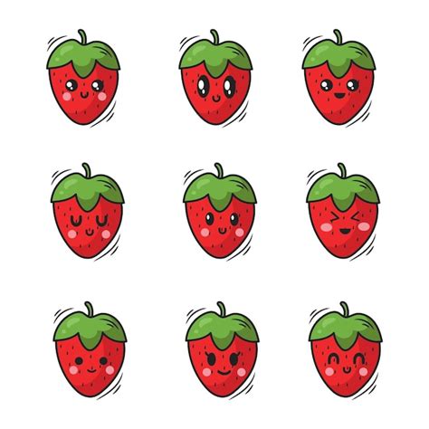 Premium Vector Strawberry Vector Icon Set Cute Cartoon Kawaii Strawberry