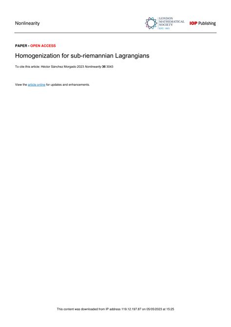 Pdf Homogenization For Sub Riemannian Lagrangians