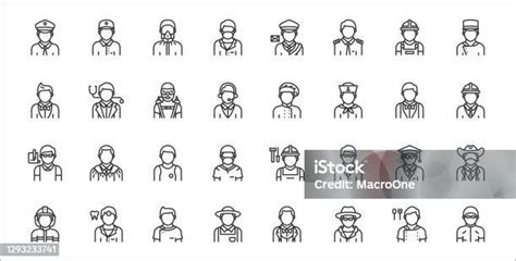 수영 형사 농부 소방관 학자 아테렛 엔지니어 요리사 의사와 같은 32 직업 아바타 얇은 윤곽 아이콘 세트 아이콘에 대한 스톡 벡터 아트 및 기타 이미지 Istock