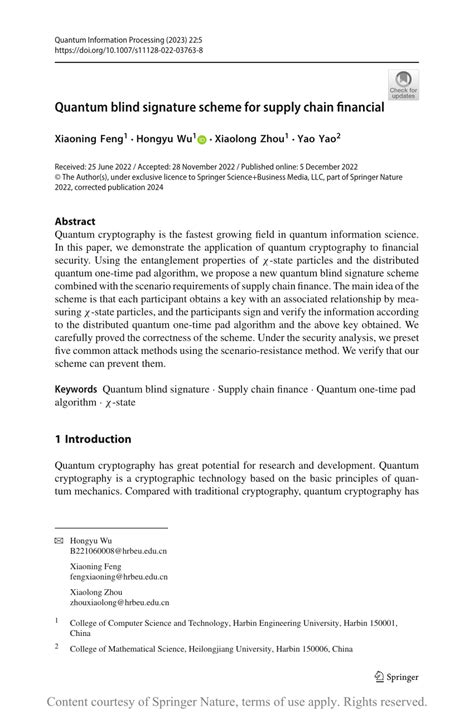Quantum Blind Signature Scheme For Supply Chain Financial