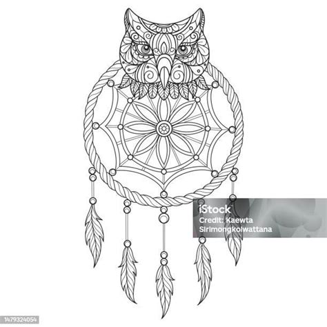 올빼미와 꿈의 포수 손으로 성인 색칠 공부 책을 위해 그려졌습니다 만다라에 대한 스톡 벡터 아트 및 기타 이미지 만다라 패턴 드림캐쳐 Istock