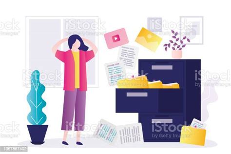 여성 캐릭터는 아카이브에서 파일을 구성할 수 없습니다 폴더와 종이의 혼란 폴더를 구성하지 못해 화가 난 사업가 캐비닛에 대한