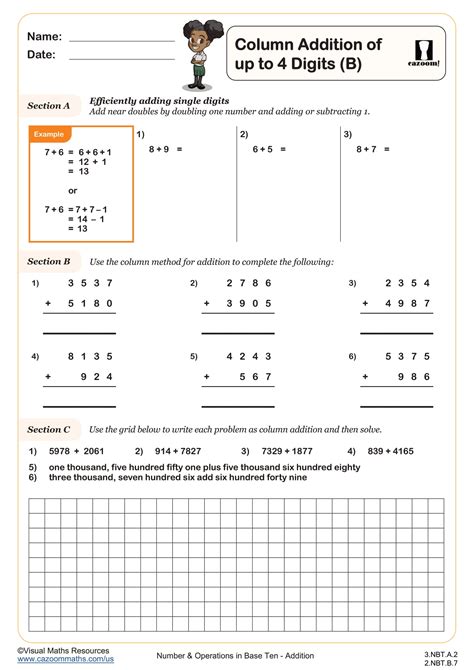 Column Addition Of Up To 4 Digits B Cazoom Math Worksheets