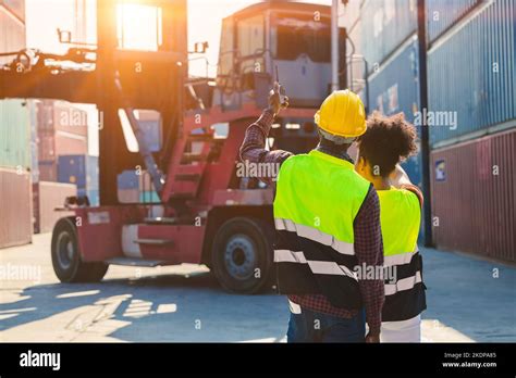 Customs Team Container Control Loading Staff Worker Working Together At Port Containers Yard For