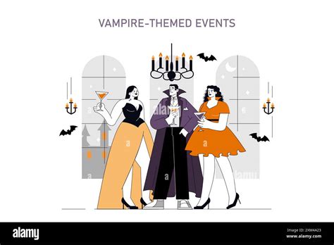 Halloween Party Scene With Elegant Vampires Socializing Amid Gothic