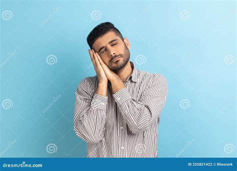Bearded Man Sleeping Laying Down On Her Palms Having Comfortable Nap