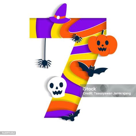 해피 할로윈 7 일곱 숫자 숫자 파티 글꼴 캐릭터 만화 무시 무시한 공포 다채로운 3d 레이어 종이 컷 아웃 유형 디자인 축하