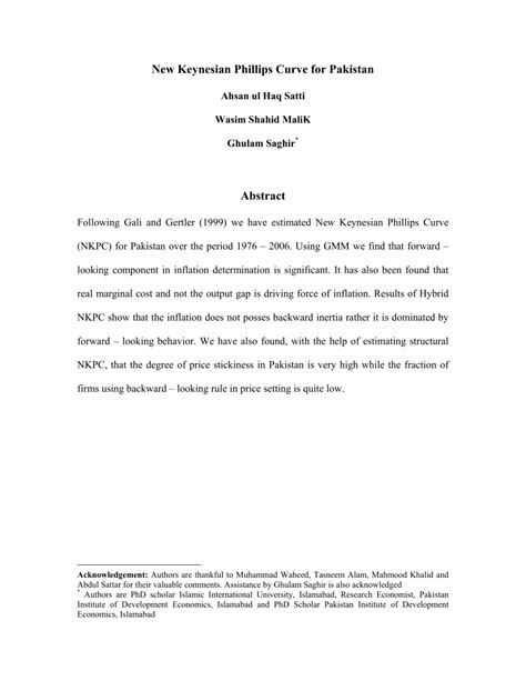 Pdf New Keynesian Phillips Curve For Pakistan