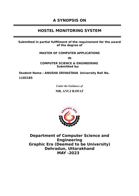 Cse Major Project Synopsis Format A Synopsis On Hostel Monitoring