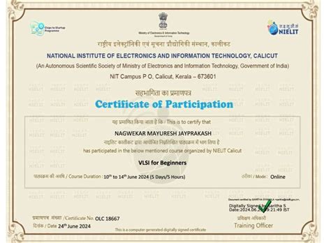 Mayuresh N On Linkedin Vlsi Certificateofparticipation Pragramminghdl Nitcalicut