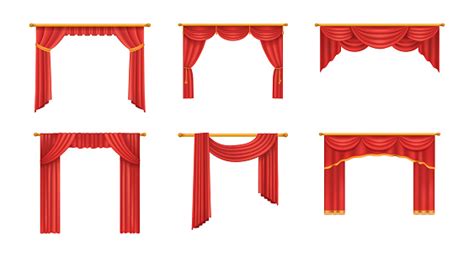 사실적인 빨간 극장 커튼 레드 실크 벨벳 커튼과 커튼 디자인 인테리어 극장 무대 장식 웨딩 살롱 영화관 홀 오페라 럭셔리 패브릭 텍스처 절연 벡터 0명에 대한 스톡 벡터