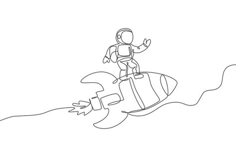 Premium Vector One Single Line Drawing Astronaut In Spacesuit Flying Deep Space While Standing