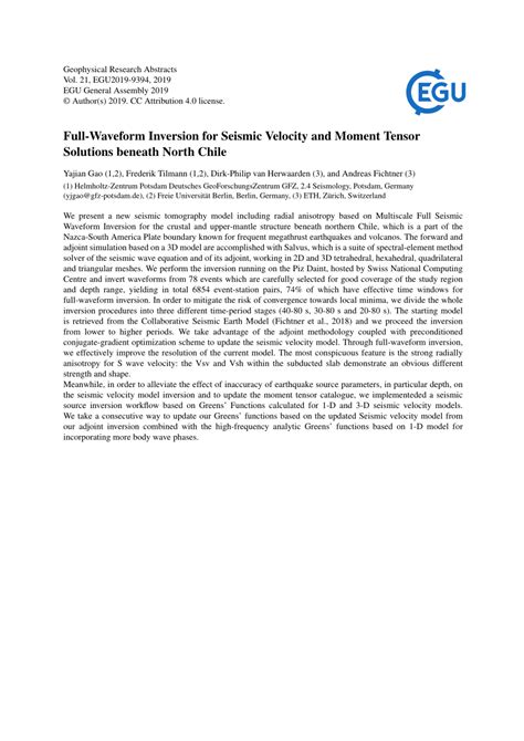 Pdf Full Waveform Inversion For Seismic Velocity And Moment Tensor Solutions Beneath North Chile