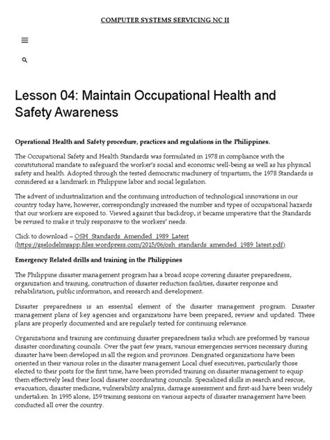 Lesson 04 Maintain Occupational Health And Safety Awareness Computer Systems Servicing Nc Ii